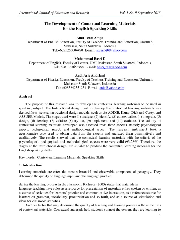 The Development of Contextual Learning Materials For The English Speaking Skills | PDF ...