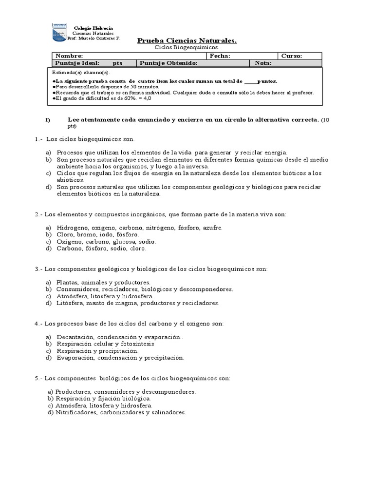 Prueba sobre Ciclos Biogeoquímicos y Método Científico | PDF | Agua ...