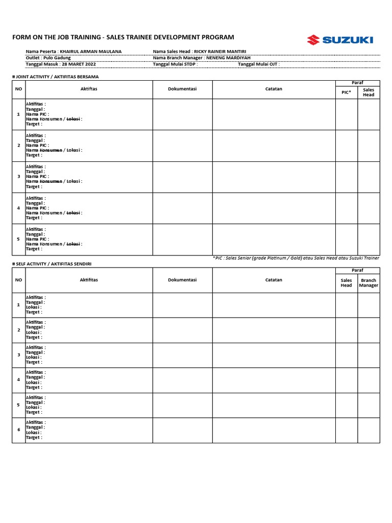 STDP - OJT Form (Contoh Isian) | PDF