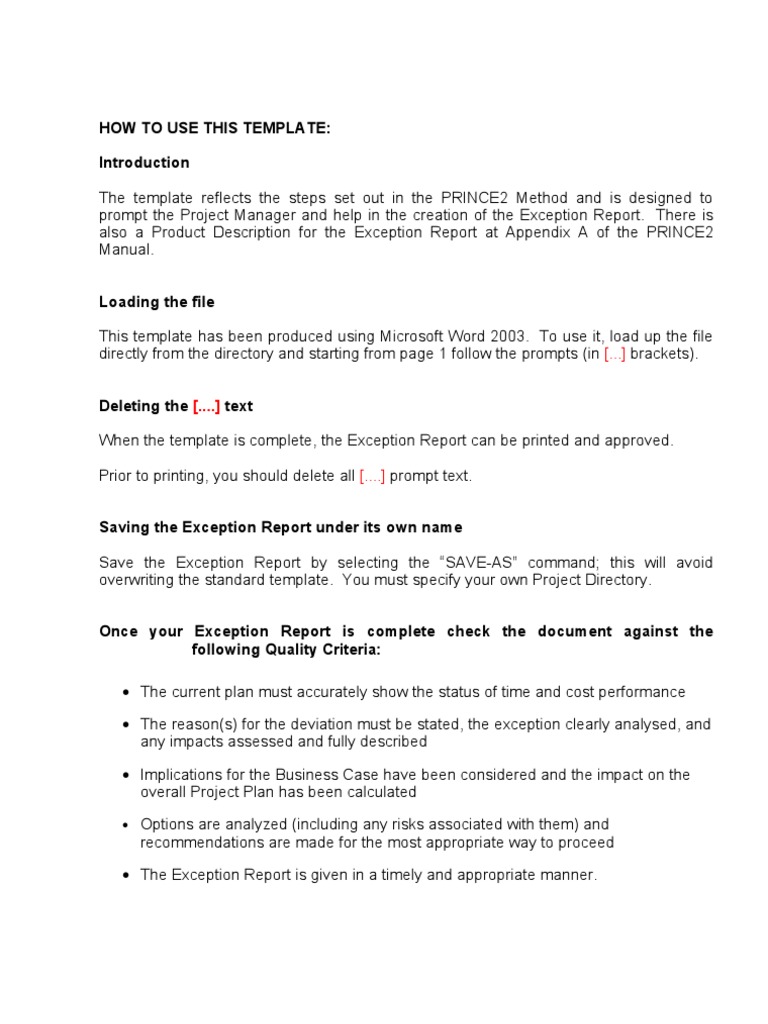 PRINCE2 Exception Report Template | PDF | Information Technology ...