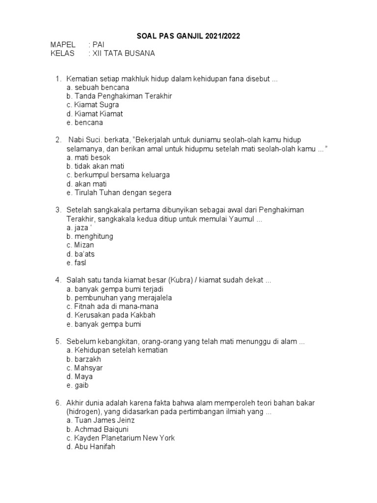 Soal Pai - Xii Pas Ganjil 2021 | PDF