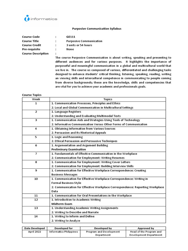 Purposive Communication Syllabus | PDF | Communication | Persuasion
