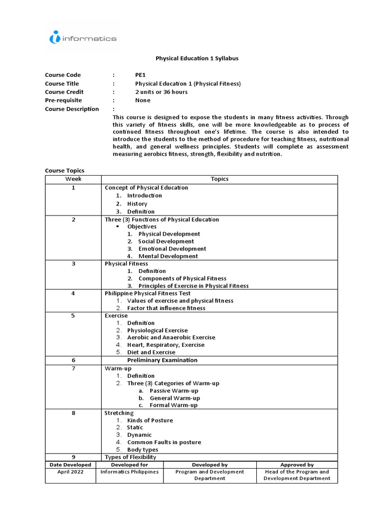 PE 1 (Physical Fitness) Syllabus | PDF | Physical Fitness | Physical ...
