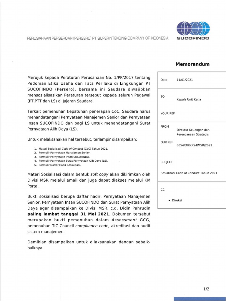 M-0054-DRK-Sosialisasi Code of Conduct Tahun 2021 | PDF