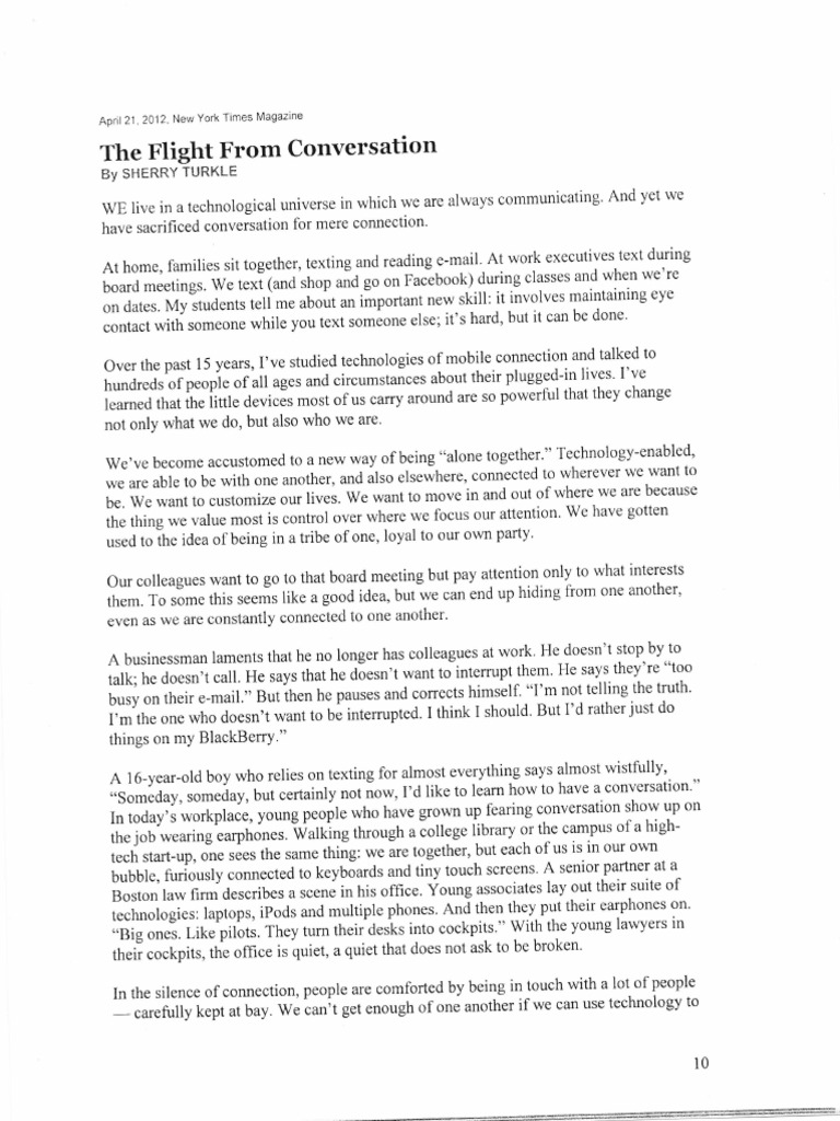 The Flight From Conversation by Sherry Turkle | PDF | Conversation ...