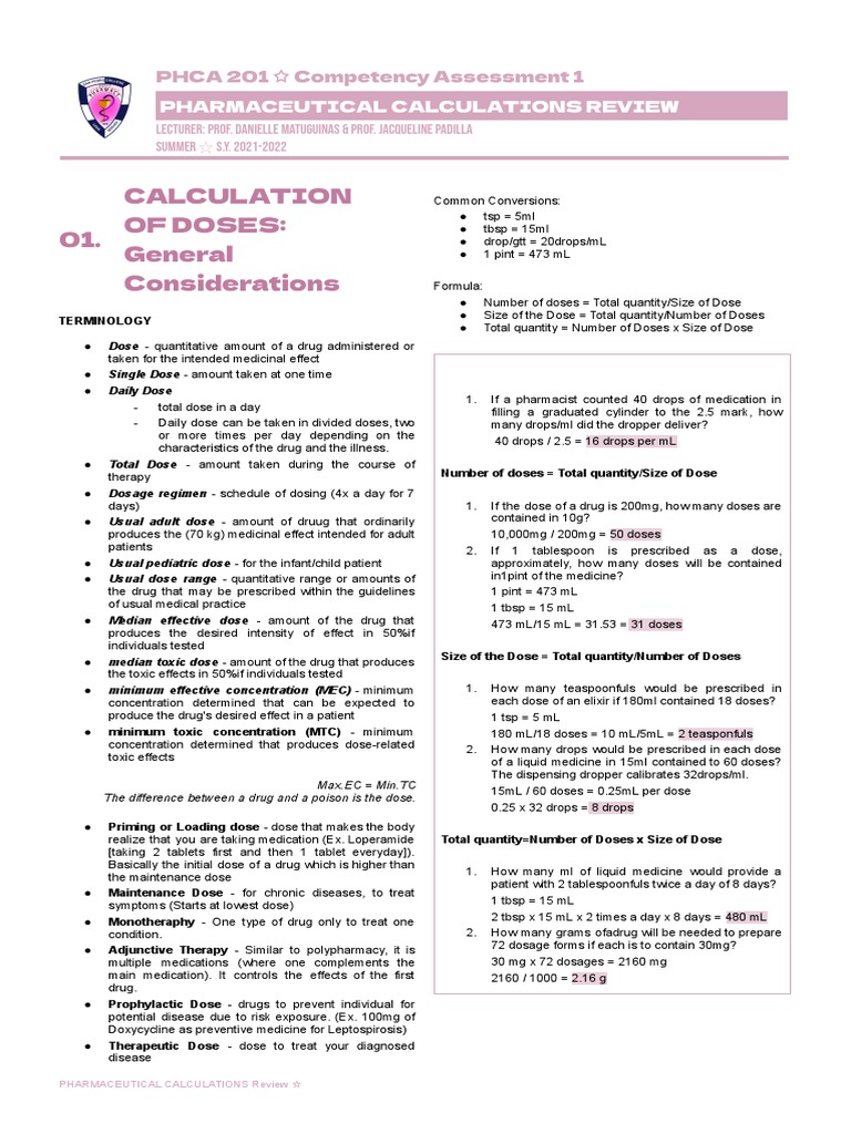 Pharm Cal Dom 1 Cee | PDF | Dose (Biochemistry) | Chemistry