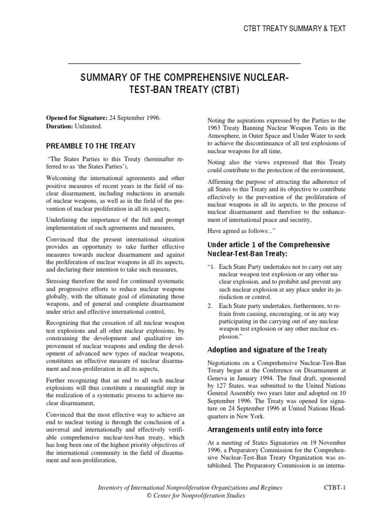 Summary of The Comprehensive Nuclear-Test-Ban Treaty (CTBT) | PDF ...