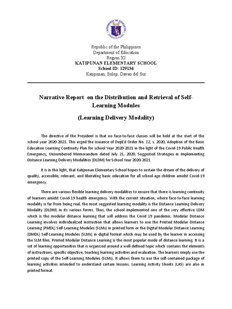 NARRATIVE REPORT FOR DISTROBUTION AND RETRIEVALOF SLMs | PDF | Distance ...