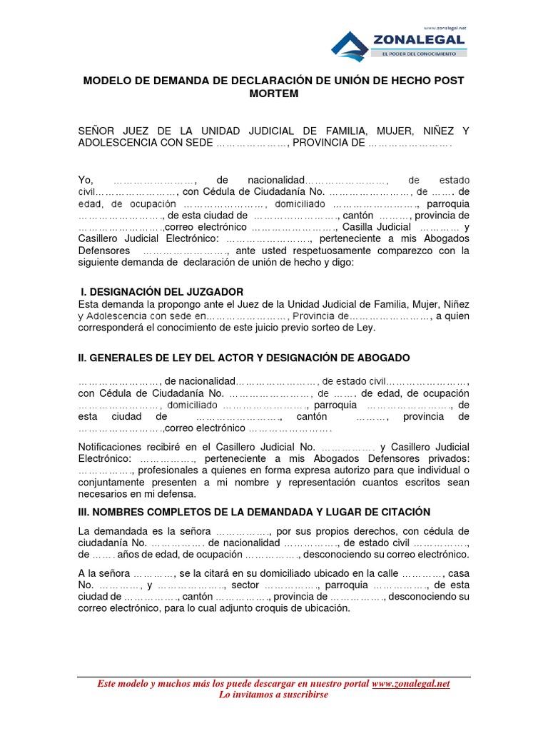9.67 Modelo de Demanda de Declaracion de Union de Hecho Post Mortem ...