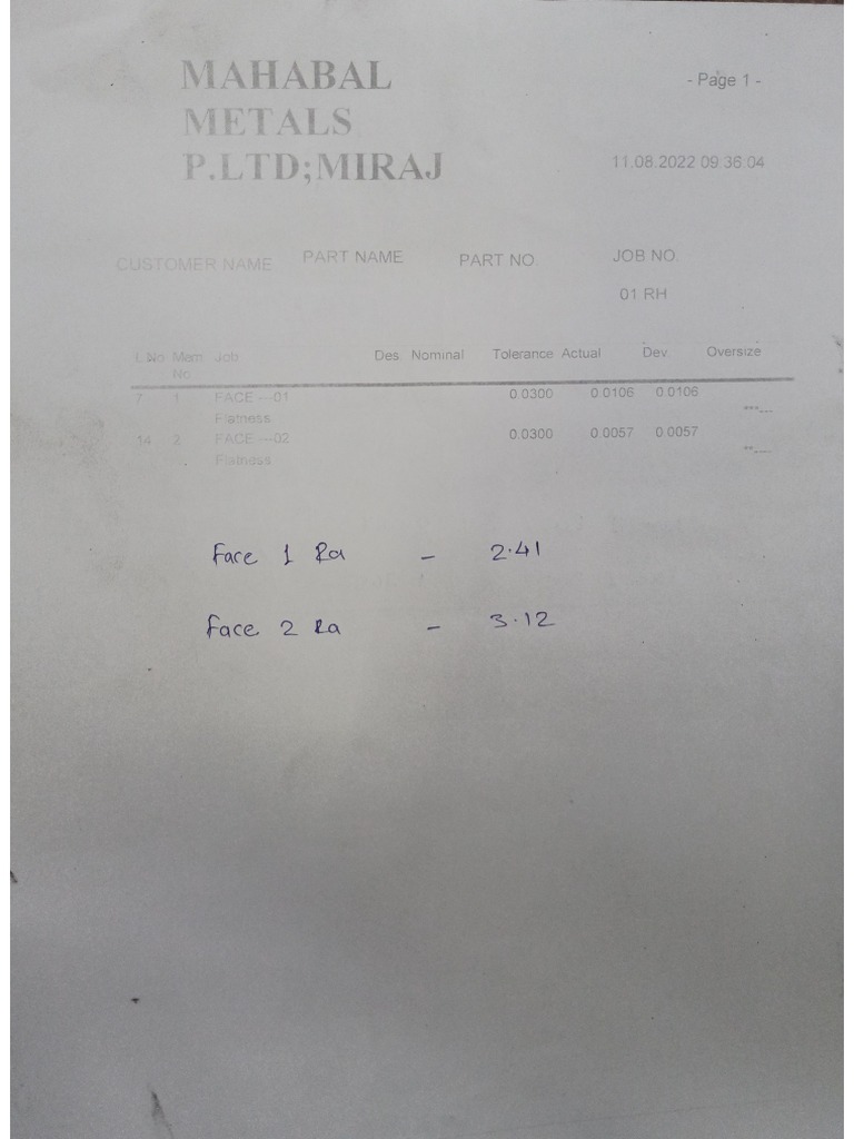 Flatness & Surface Finish - Inspection Report | PDF