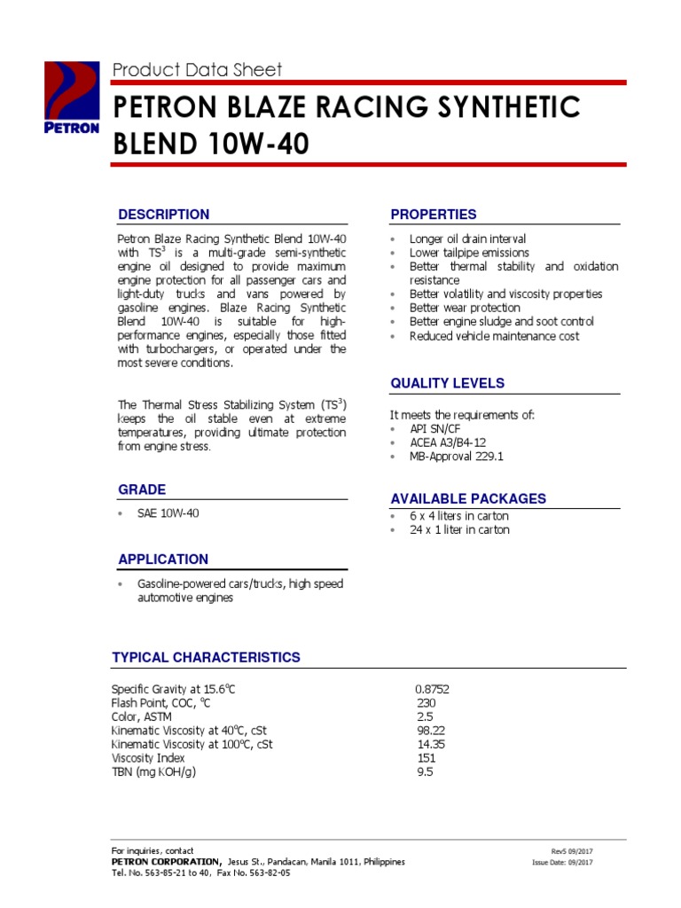 PDS Petron Blaze Racing Synthetic Blend 10W 40 | PDF | Motor Oil ...