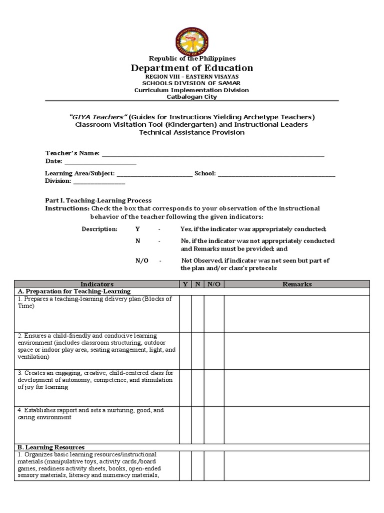 GIYA Classroom Visitation Tool Guide | PDF | Learning | Teaching Method