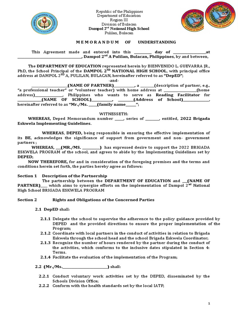 Brigada Pabasa MOU Template | PDF | Public Law | Private Law