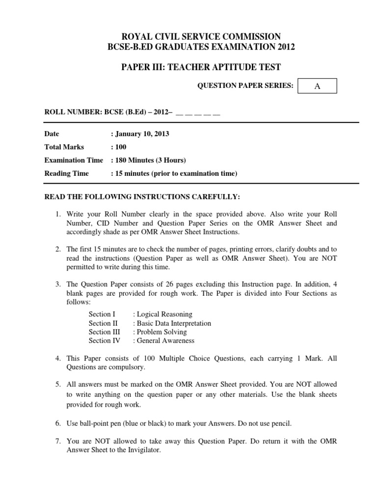Teacher Aptitude Test 2012 Paper | PDF | Test (Assessment) | Multiple ...