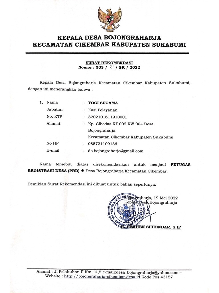 Surat Rekomendasi PRD Desa Bojongraharja | PDF