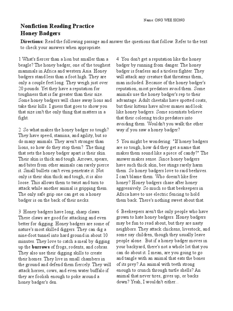 Task 2 Reading Practice-Honey Badgers | PDF | Lion
