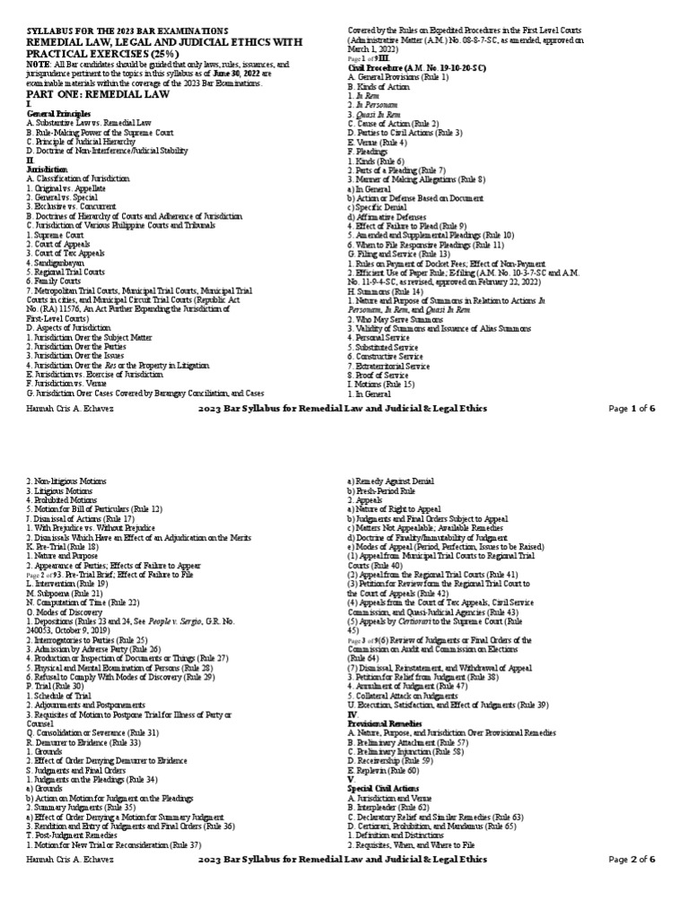 2023 Bar Exam Remedial Law Syllabus | PDF | Evidence (Law) | Lawyer
