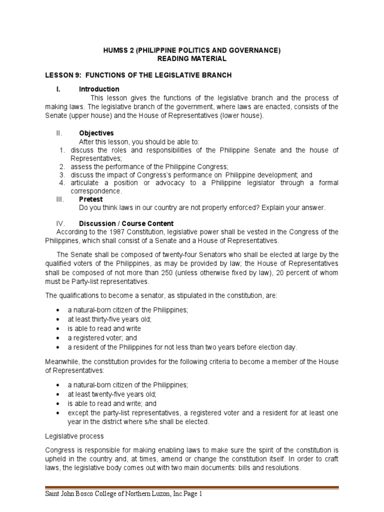 Lesson 9 Functions of The Legislative Branch | PDF | Bill (Law ...