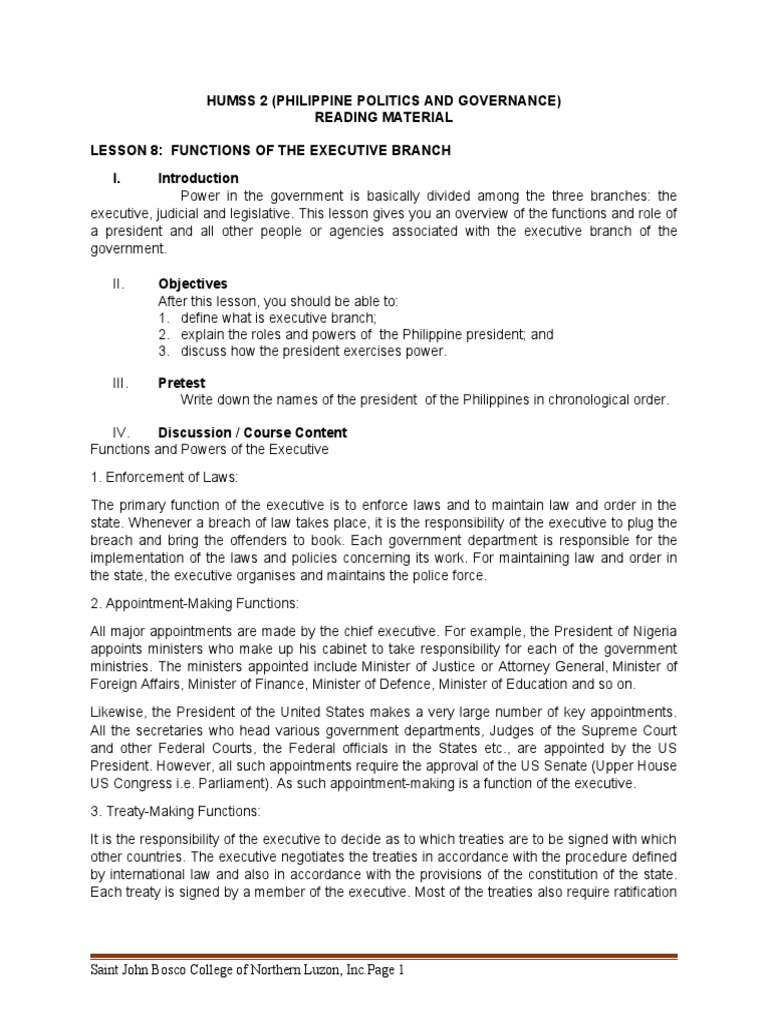 Lesson 8 Functions of The Executive Branch | PDF | U.S. State | Treaty
