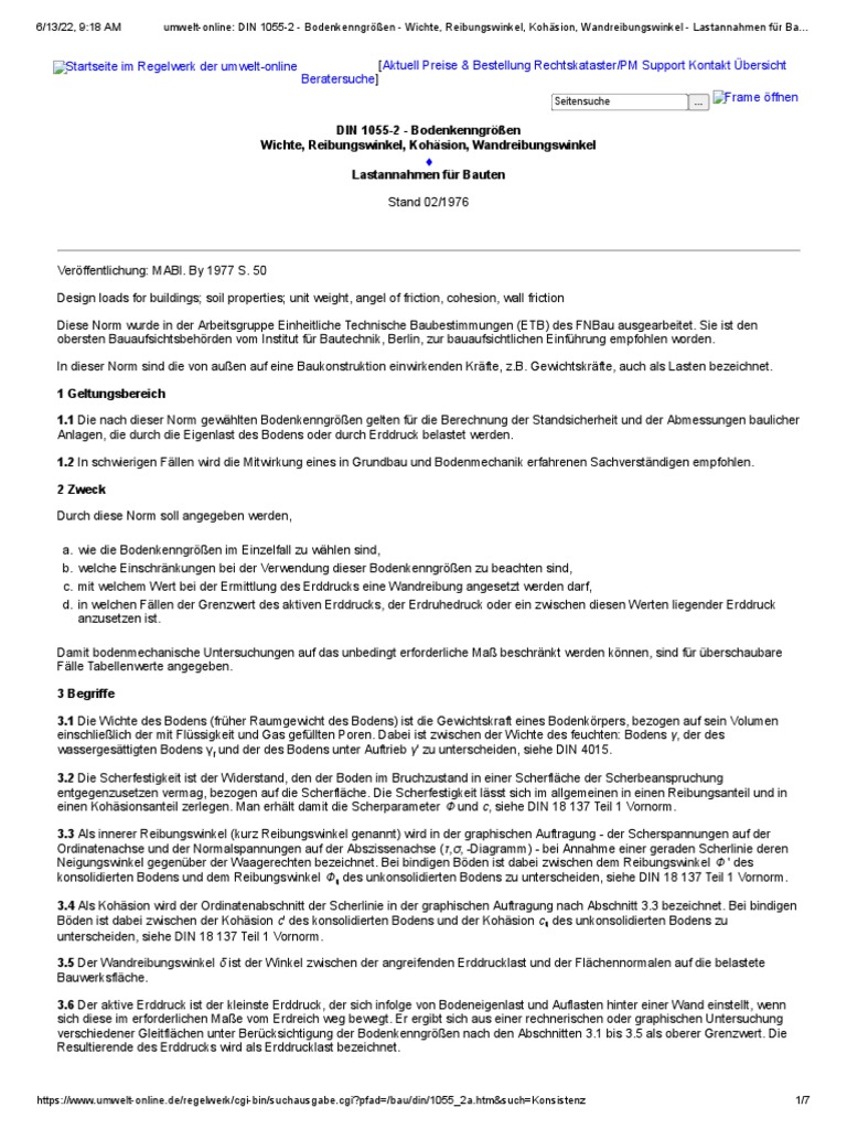 DIN 1055-2 - Bodenkenngrößen - Wichte, Reibungswinkel, Kohäsion, Wandreibungswinkel ...