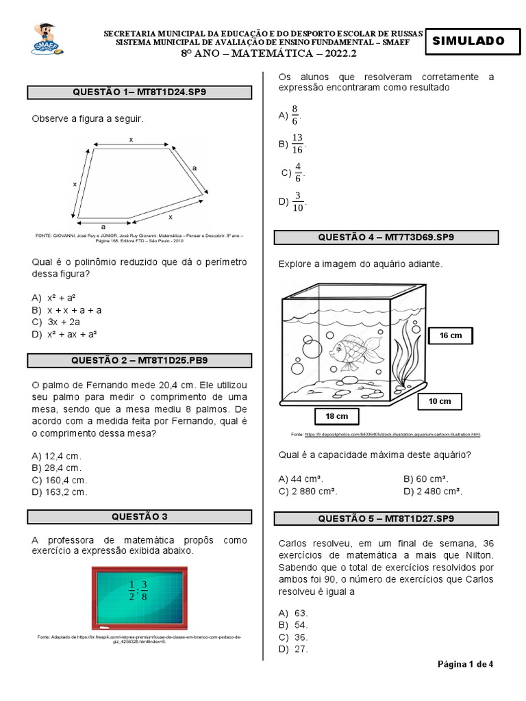 Avaliação De Matemática Do 8o Ano Do Ensino Fundamental Aborda