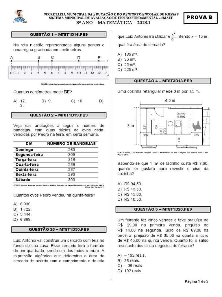 8° Ano - Smaef 2018.1 - Prova B | PDF