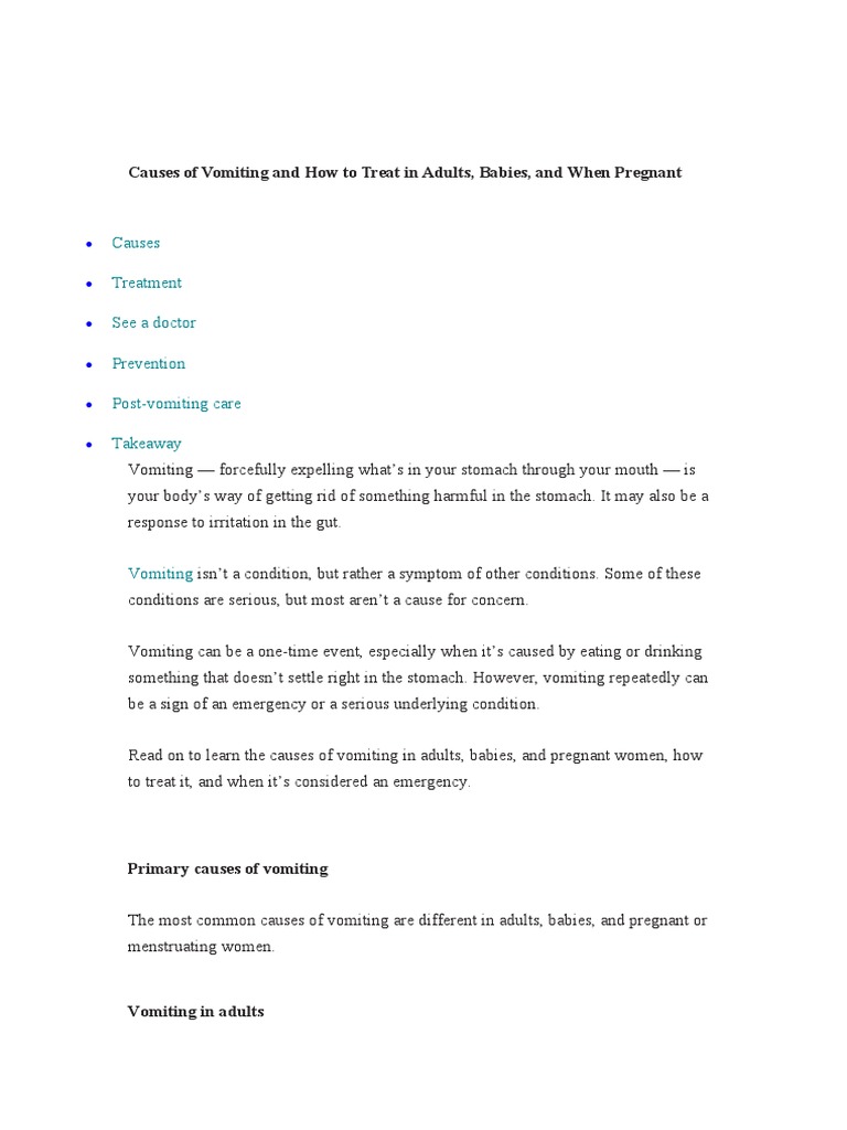 Causes of Vomiting and How To Treat in Adults | PDF | Nausea | Vomiting
