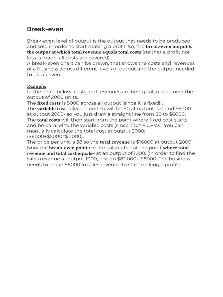 Break-Even Level of Output BUSINESS STUDIES IGCSE | PDF ...