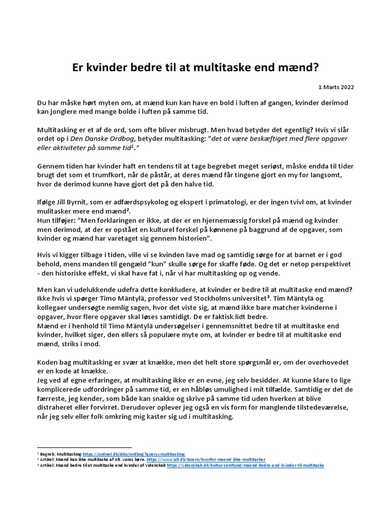 Debatterende - Er Kvinder Bedre Til at Multitaske End Mænd | PDF
