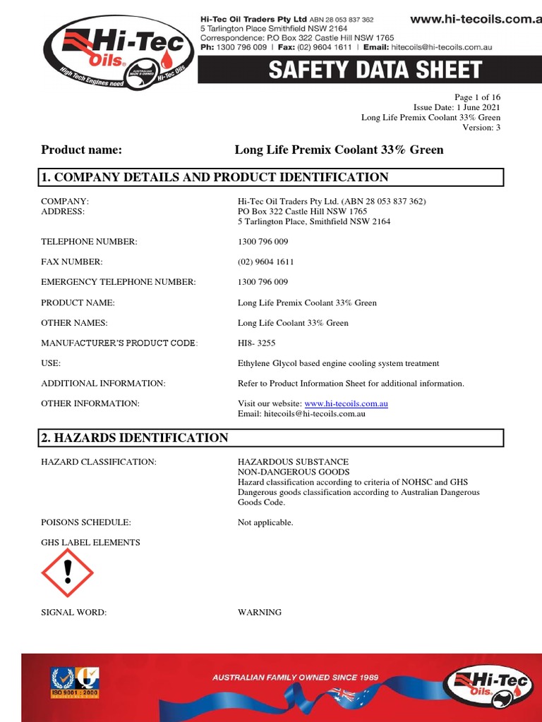 A Comprehensive Product Information Sheet for Long Life Premix Coolant ...