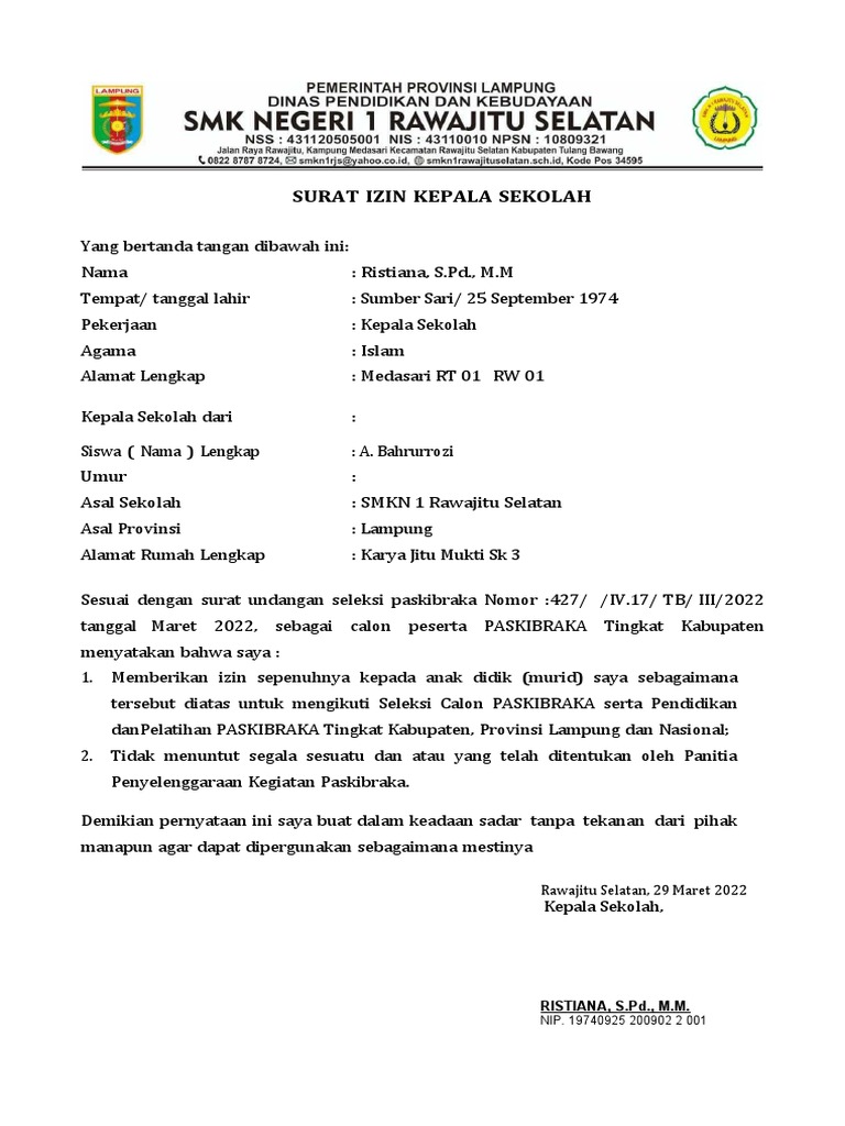 Surat Izin Kepala Sekolah | PDF