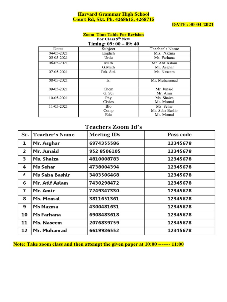Zoom Time Table Revision Class 9th | PDF