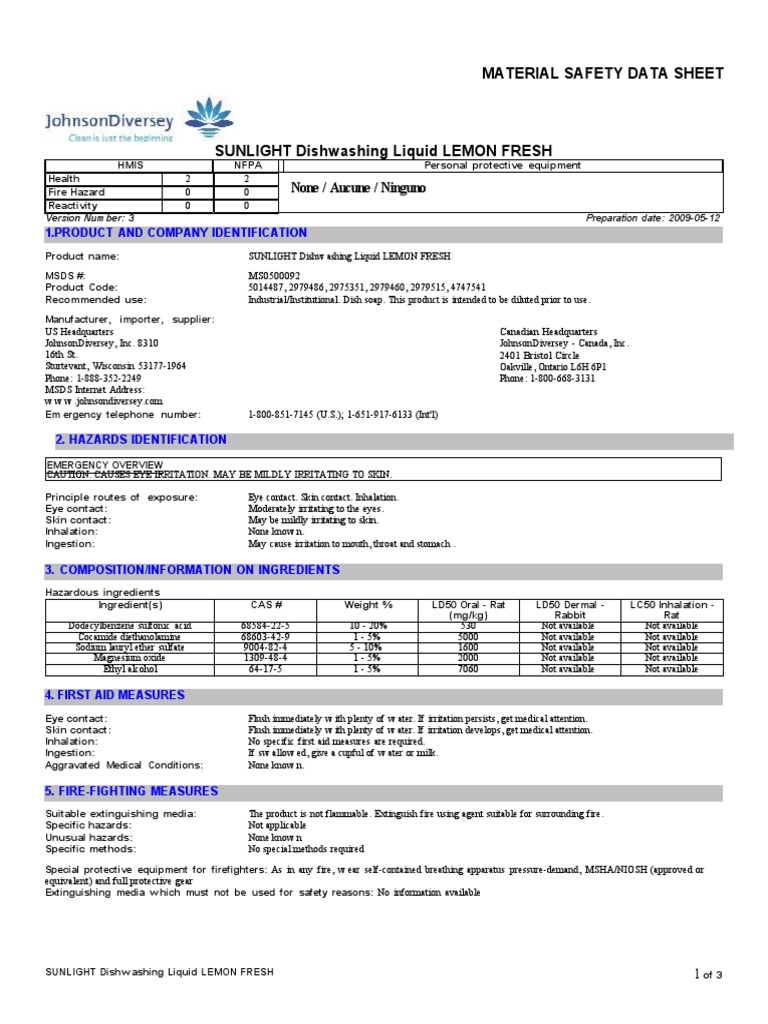MATERIAL SAFETY DATA SHEET SUNLIGHT Dishwashing Liquid LEMON FRESH | PDF | Magnesium | Personal ...