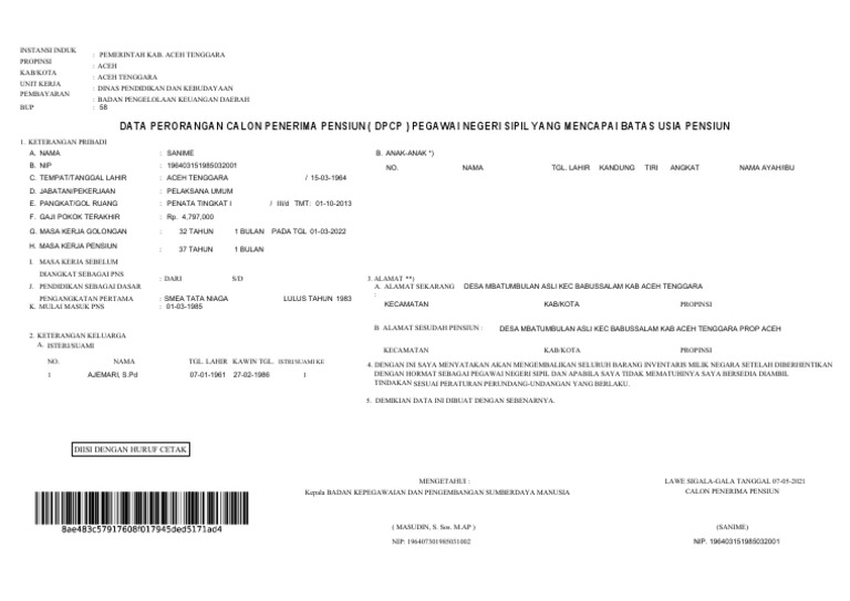 Data Pensiun PNS Aceh Tenggara | PDF
