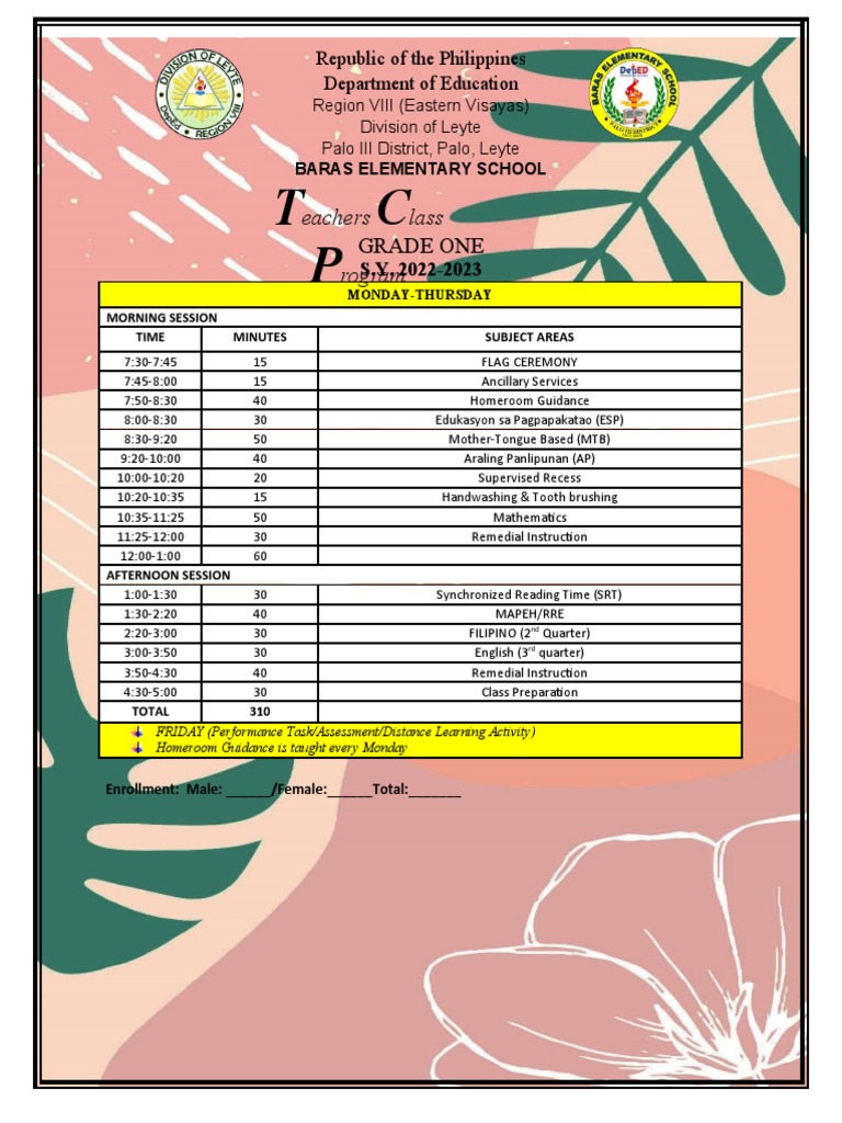 Grade 1 Class Program 2022-2023 | PDF