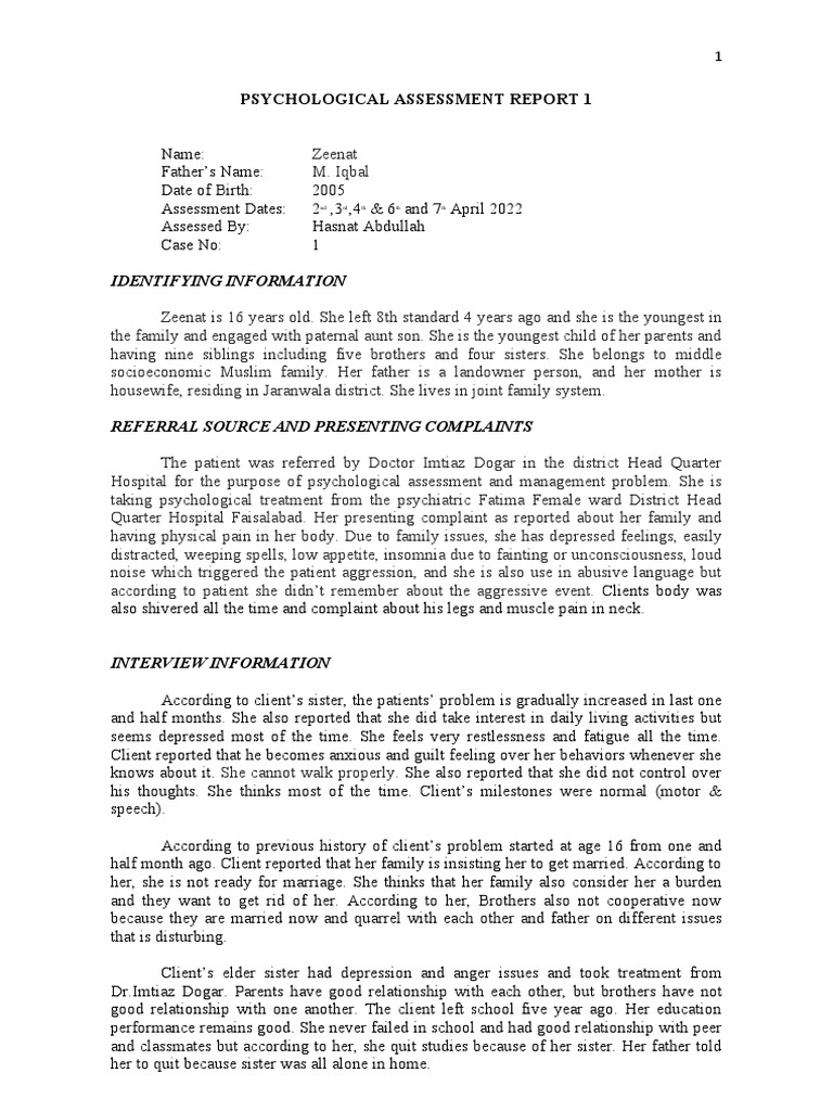 Psychological Assessment Report 1 | Download Free PDF | Anxiety ...