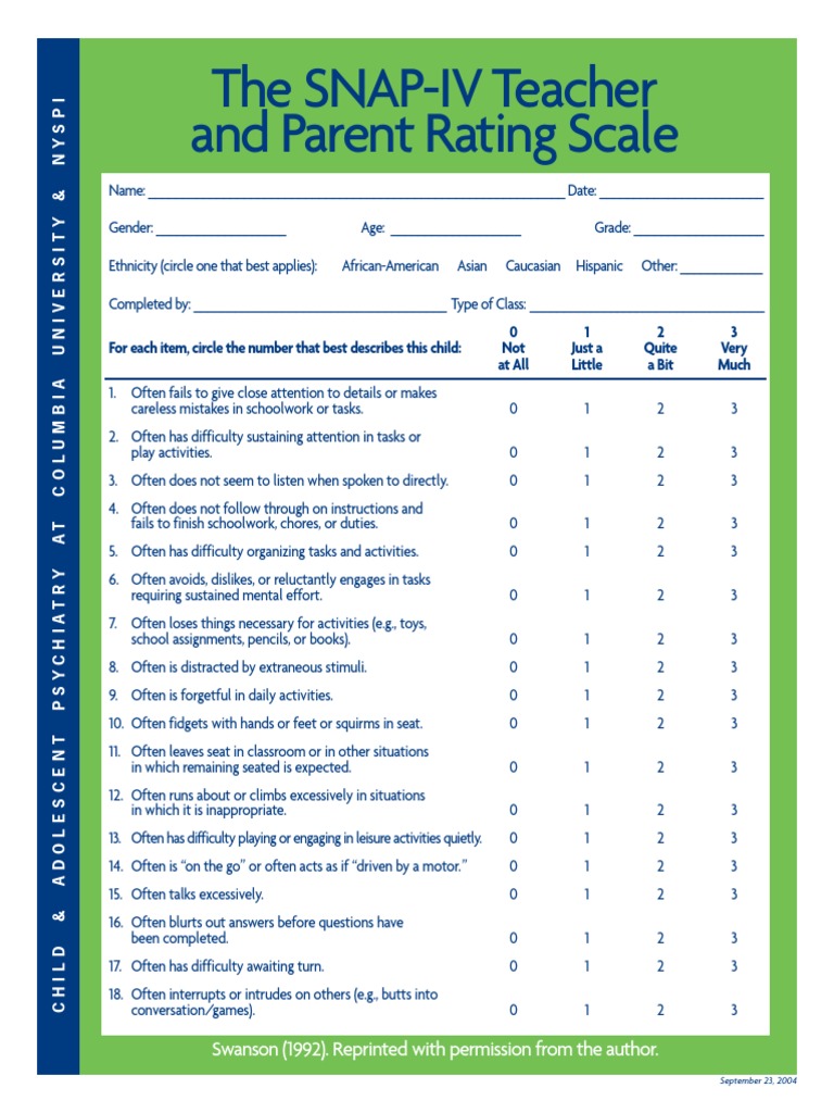 SNAP-IV Parent Teacher ENGLISH | PDF | Attention Deficit Hyperactivity Disorder | Impulsivity