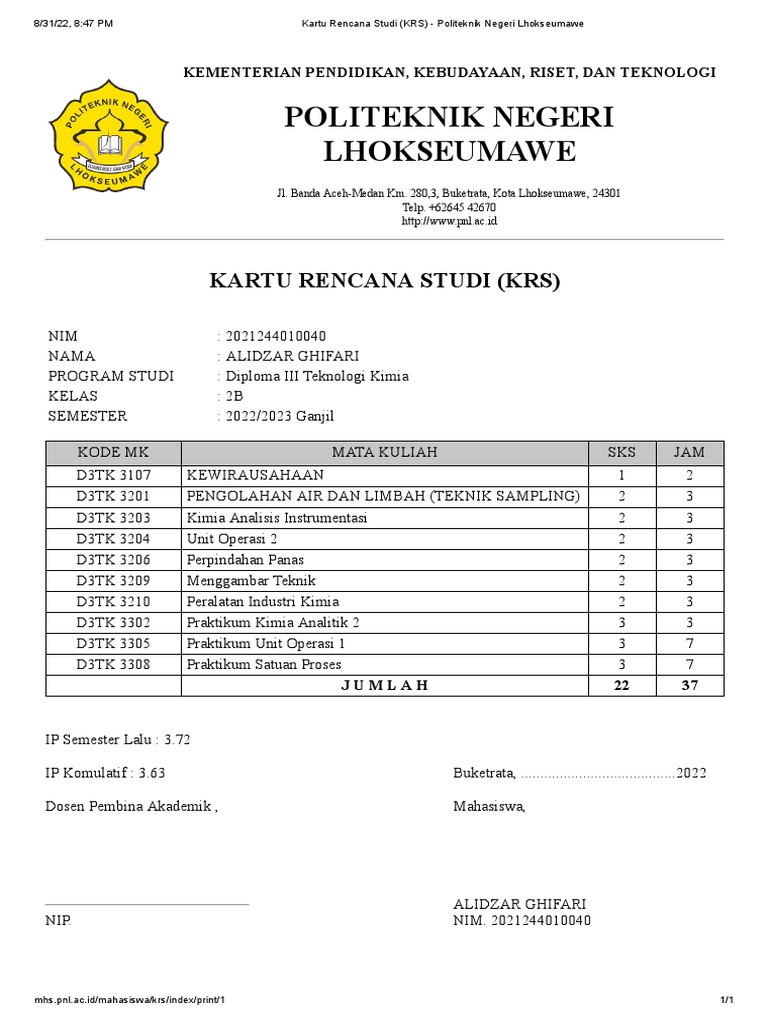 Kartu Rencana Studi (KRS) - Politeknik Negeri Lhokseumawe | PDF