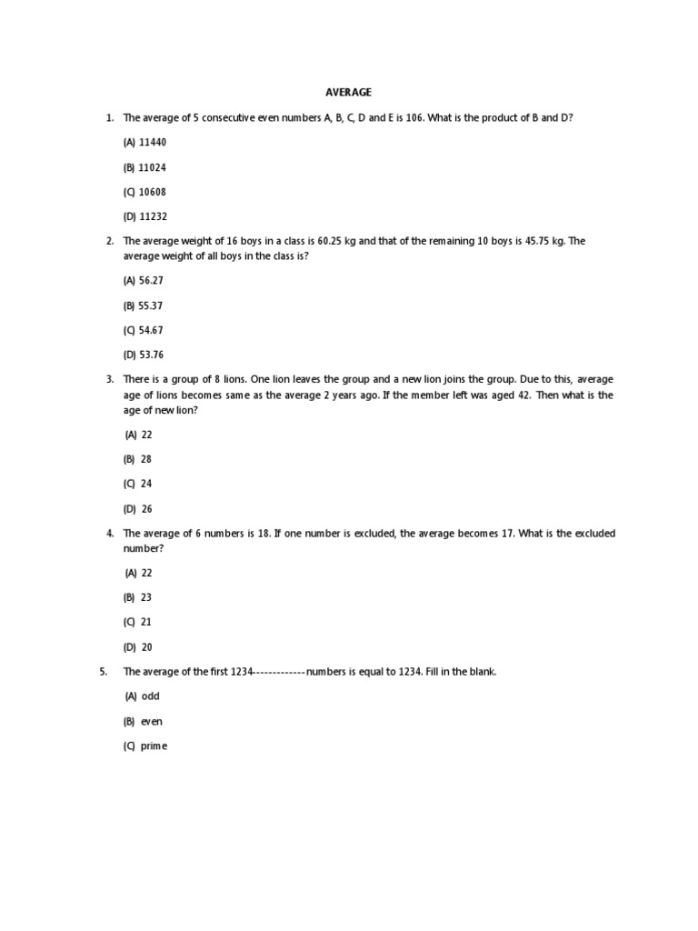 Solving Problems Involving Averages - A Collection of 25 Questions ...