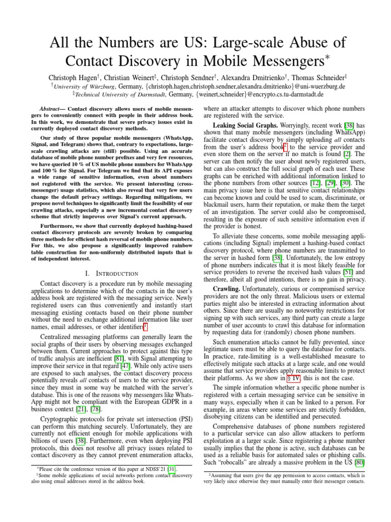 All The Numbers Are US Large-Scale Abuse OfContact Discovery in Mobile ...