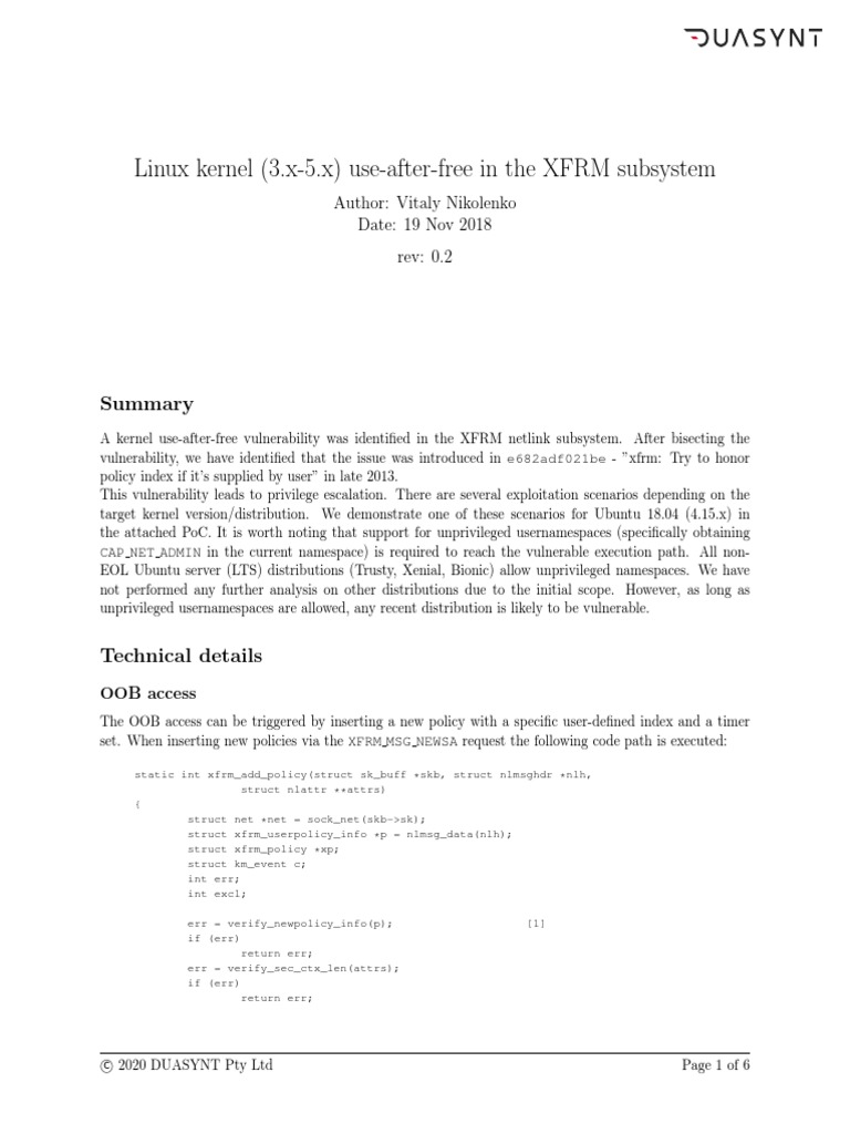 Linux Kernel (3.x-5.x) Use-After-Free in The XFRM Subsystem | PDF | Pointer (Computer ...