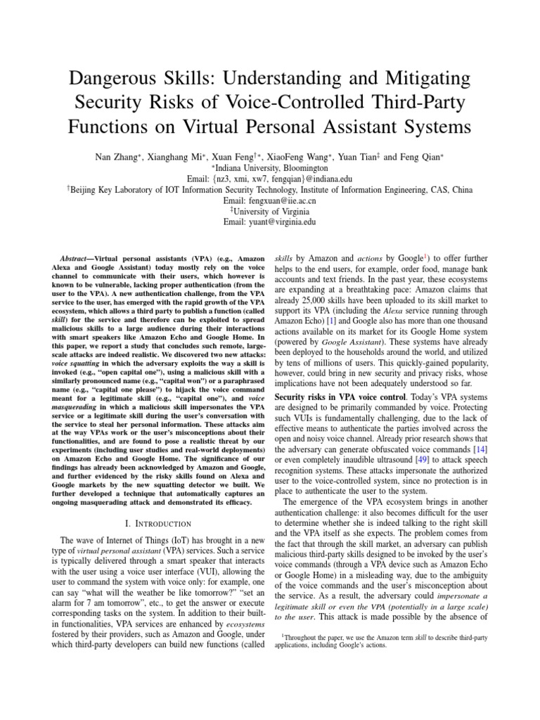 Dangerous Skills Understanding And Mitigatingsecurity Risks Of Voice