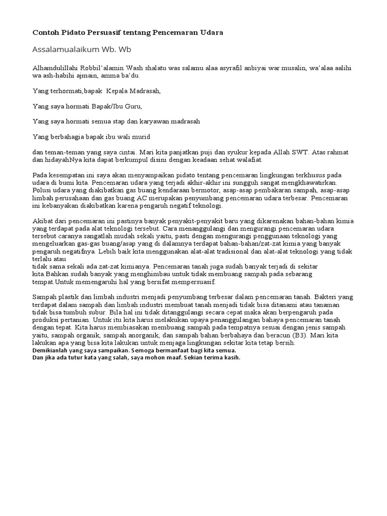 Contoh Pidato Persuasif Tentang Pencemaran Udara | PDF