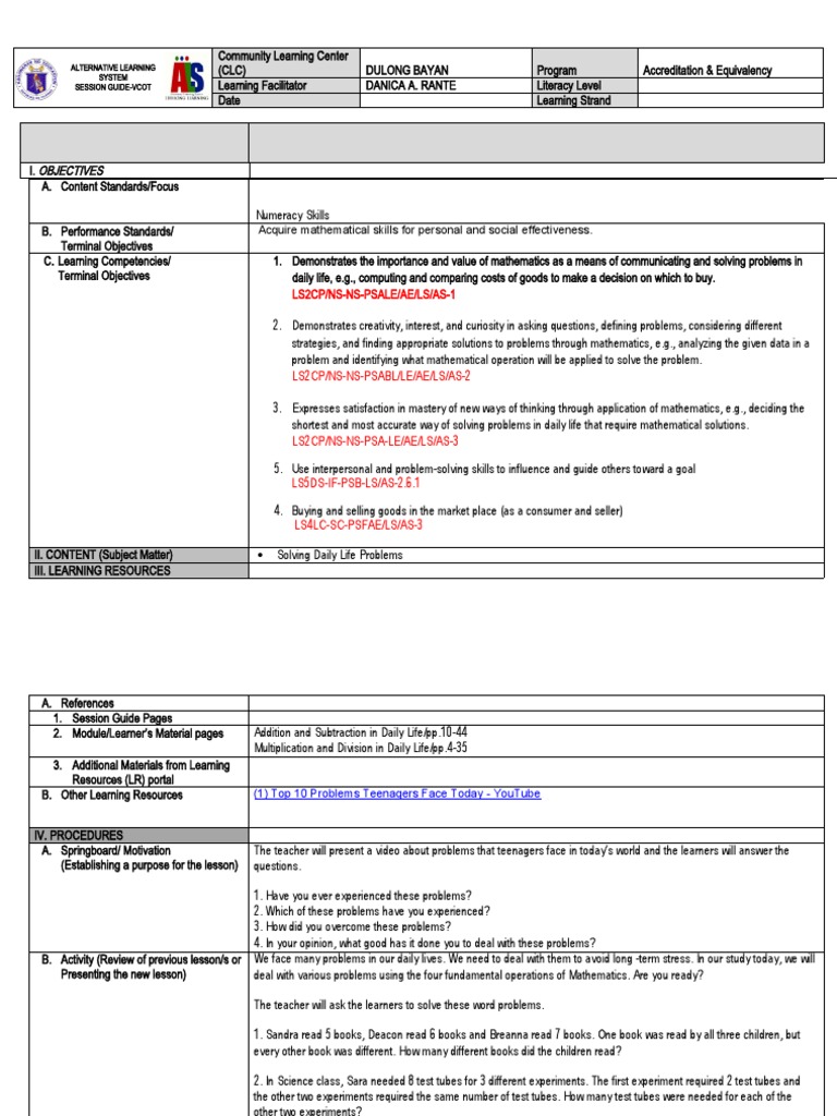 Solving Daily Life Problems JHS-LS3 | PDF | Learning | Teachers