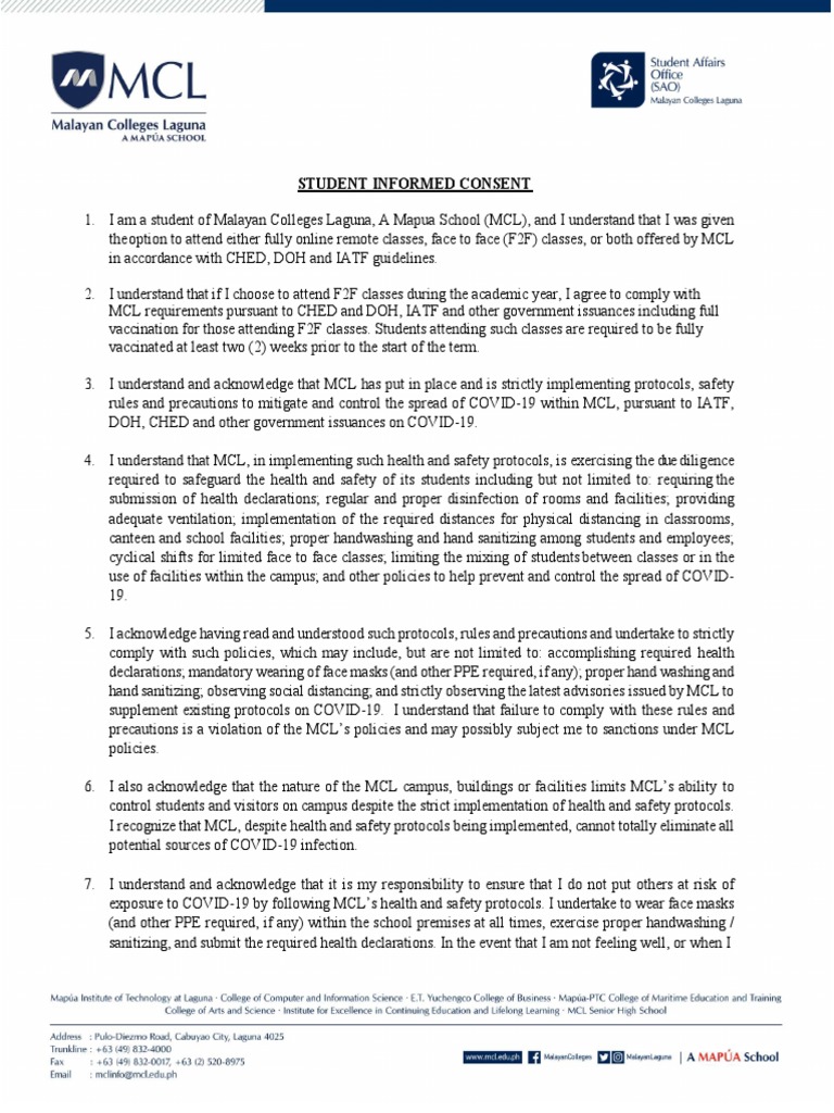 MCL Student Informed Consent Form - Midyear | PDF | Hand Washing ...