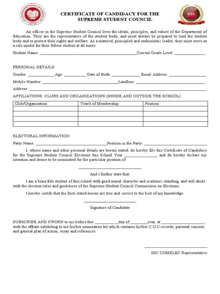 Certificate of Candidacy For The Supreme Student Council | PDF | Government