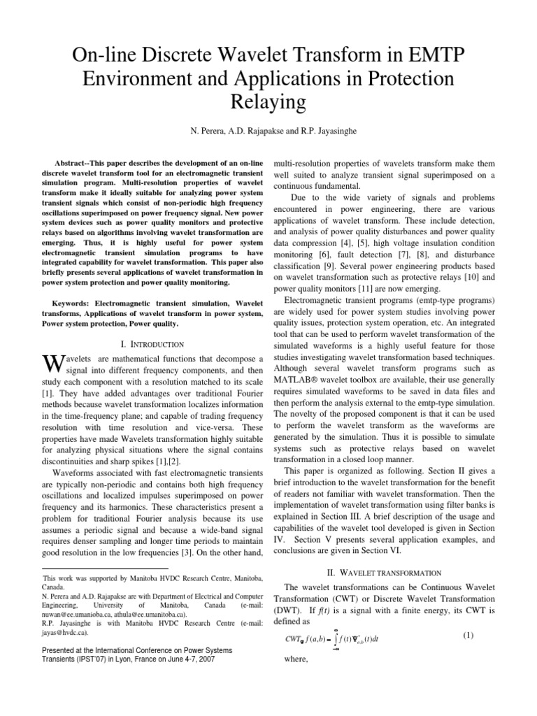 On Line Discrete Wavelet Transform In Emtp Environment And Applications In Protection Relaying