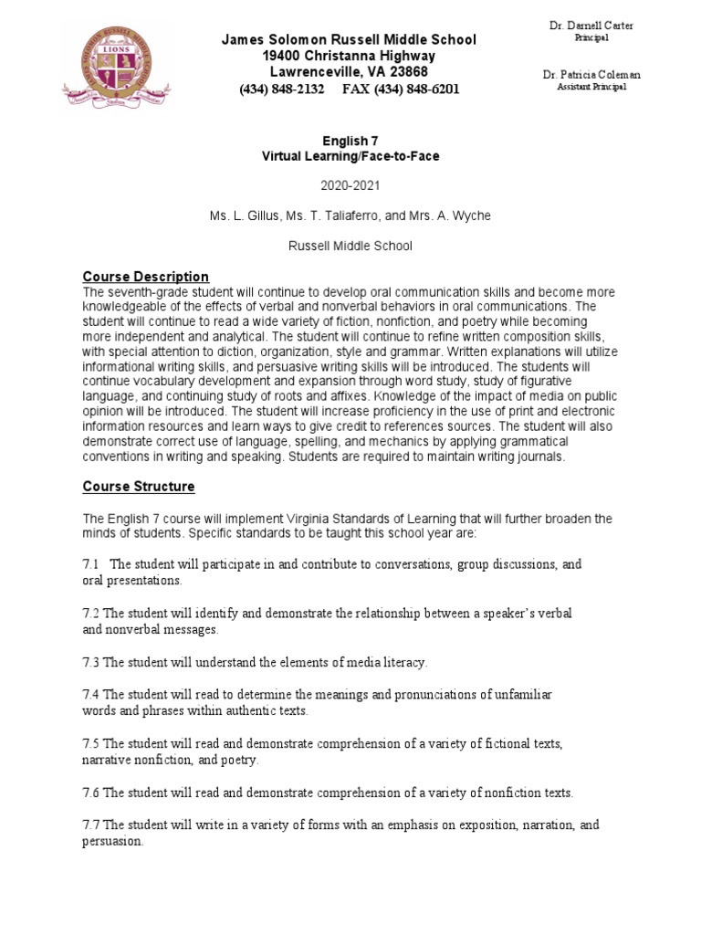 Russell Middle School English 7 Course Syllabus 2020-2021 | PDF ...