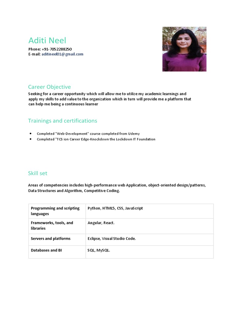 Aditi Resume | Download Free PDF | Java Script | Computer Programming