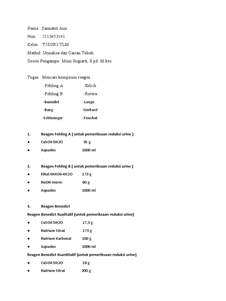 Komposisi Reagen Urinalisis | PDF